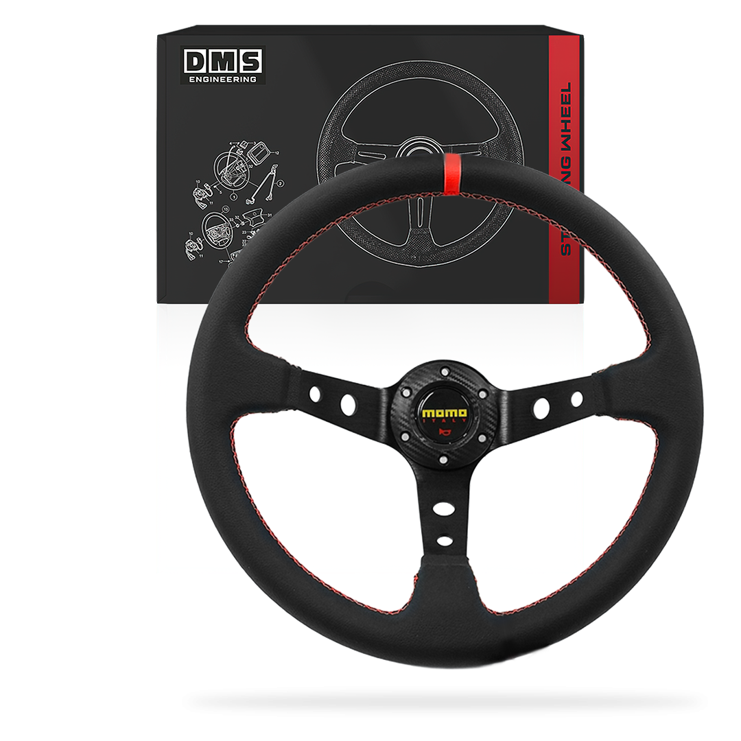 Momo style 350mm Leather Red / Suede Blue / Yellow Stitching Racing 97 ...